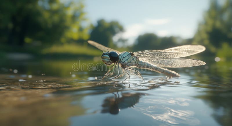 A Dragonfly is Flying Over the Surface of the Water with Its Reflection ...