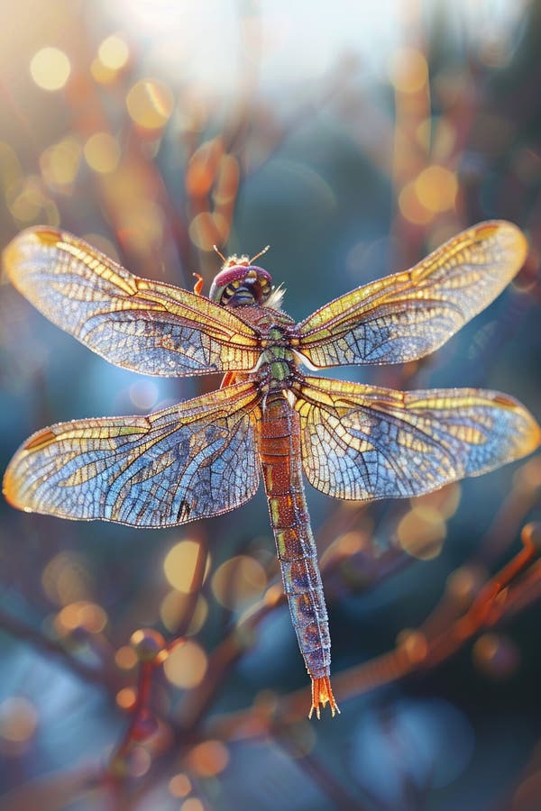 A Dragonfly Perched on the End of a Tree Branch, Its Iridescent Wings ...