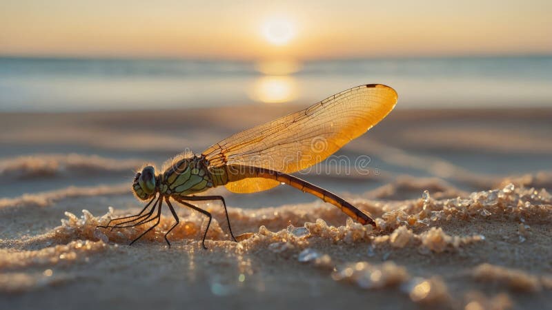 Golden Dragonfly at Sunset on Sandy Beach Stock Illustration - Illustration of wildlife ...