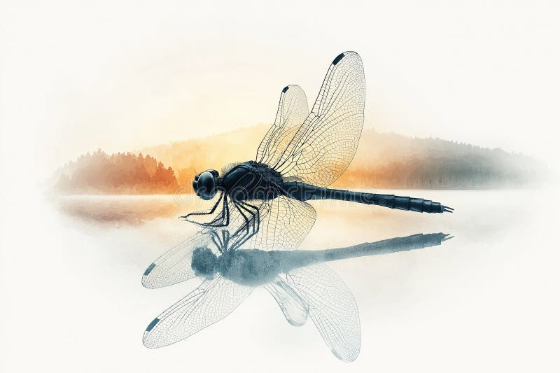 Dragonfly Resting on Water with Reflection at Sunset Stock Photo ...