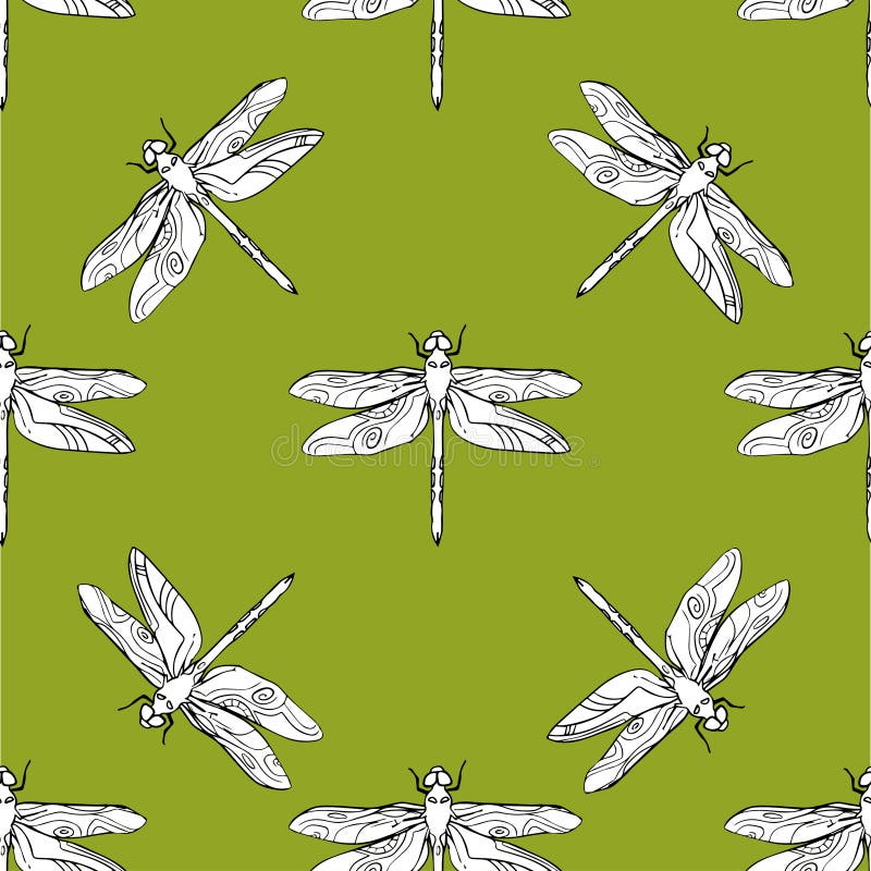 Dragonfly Seamless Pattern Vector Hand Drawn Illustration Stock Vector ...