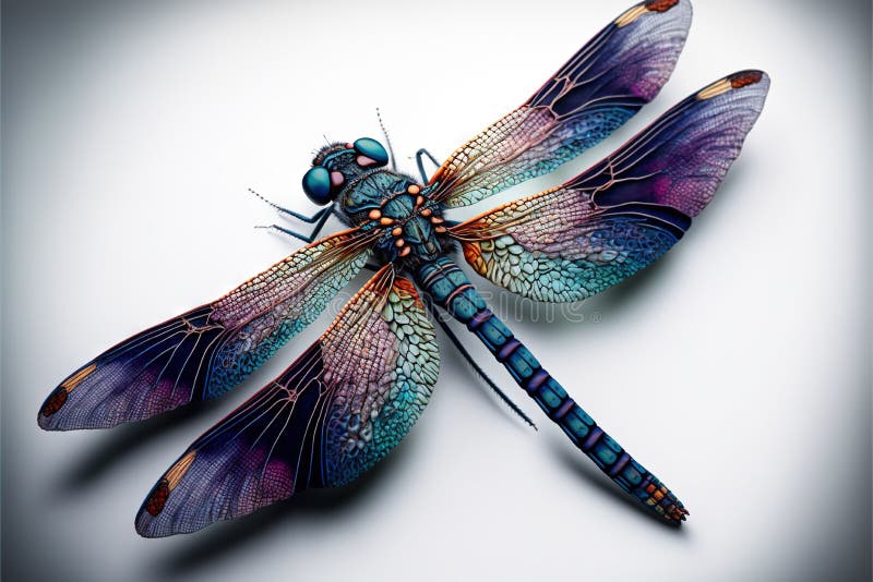 A Dragonfly is Sitting on a White Surface with a Blue Background and a ...