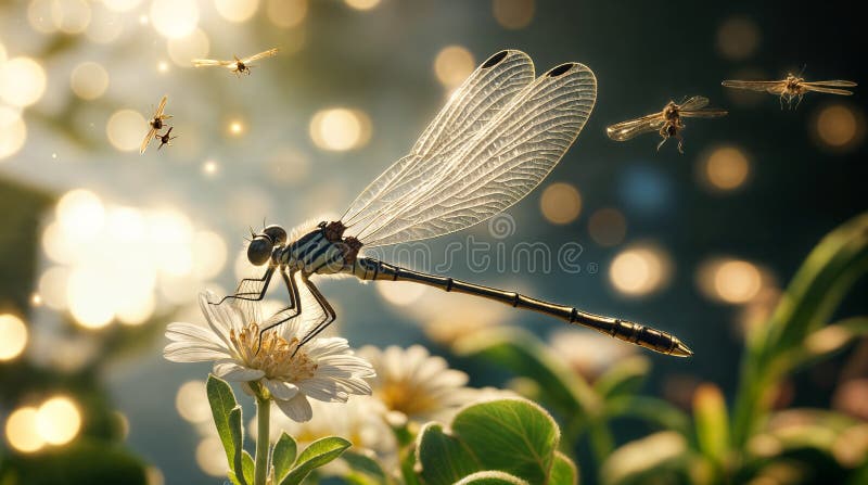 Dragonfly Standing on a White Daisy Flower with Other Insects Flying ...