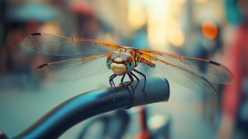 A Dragonfly with Translucent Wings Sits on a Bicycle Handlebar in an ...