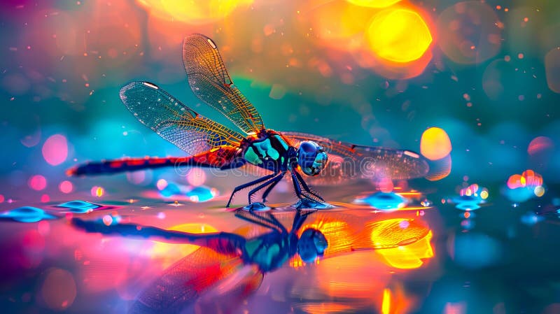 Dragonfly on Water with Colorful Reflections Stock Image - Image of ...