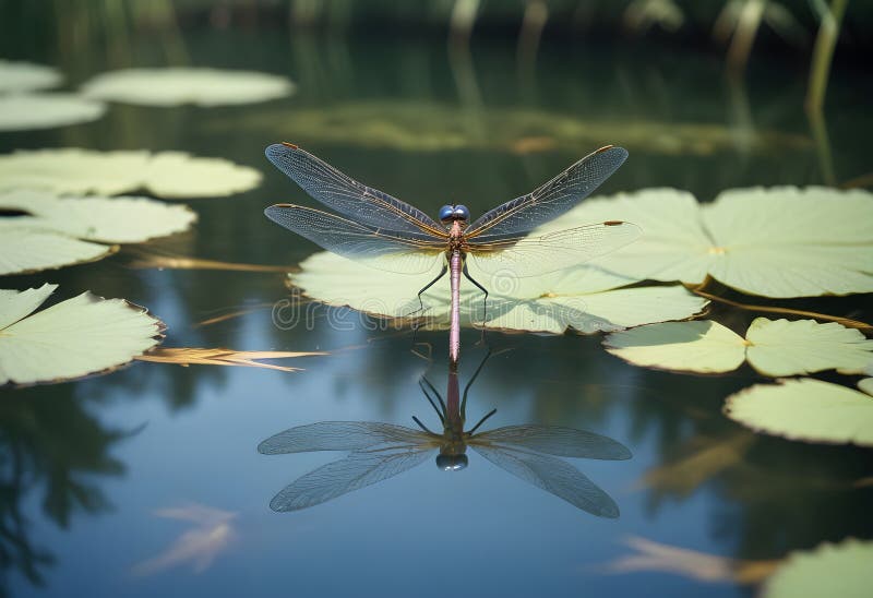 A Dragonfly on a Water Lily with a Reflection in the Pond Stock ...