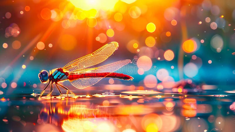 Dragonfly on Water with Sun Rays and Reflections Stock Photo - Image of ...