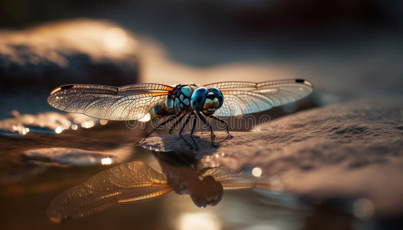 Dragonfly Wing Shimmers in Tranquil Pond Reflection Generated by AI ...