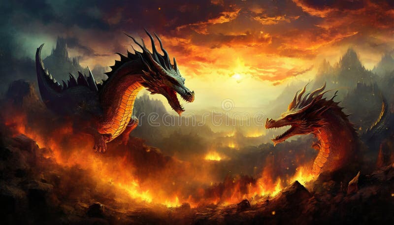 Dragons in fire storm stock illustration. Illustration of storm - 307240905