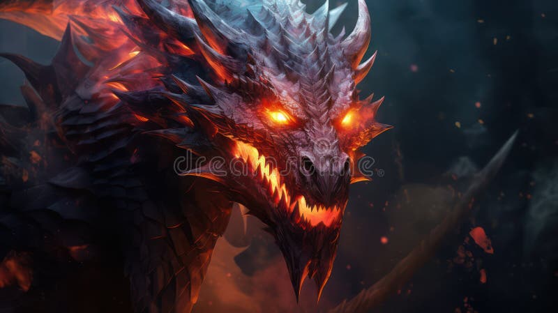Dragons Head with Glowing Eyes and Fire Created with Generative AI. Big ...