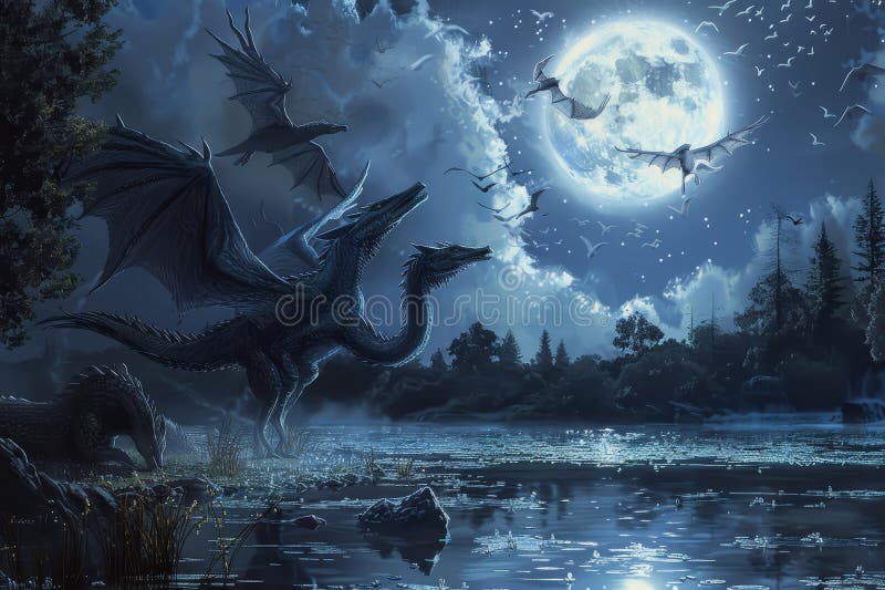 Dragons and Other Winged Creatures Play Under a Full Moon in a Mystical ...