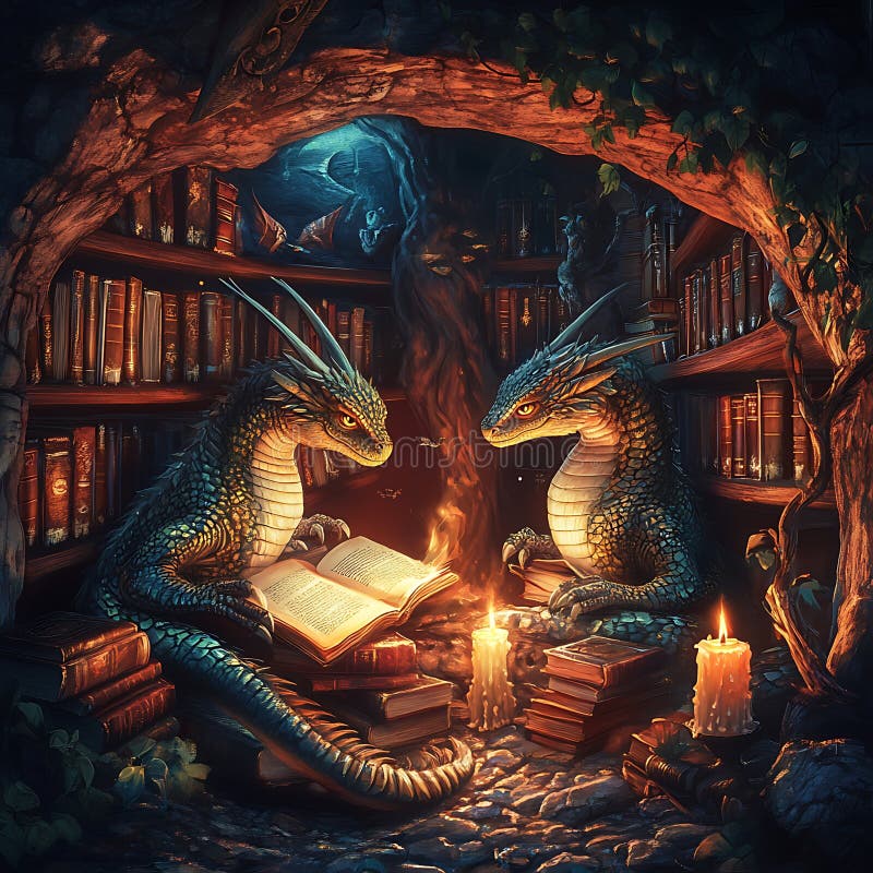 Dragons Reading in a Mystical Library, Vivid and Enchanting Scene Stock ...