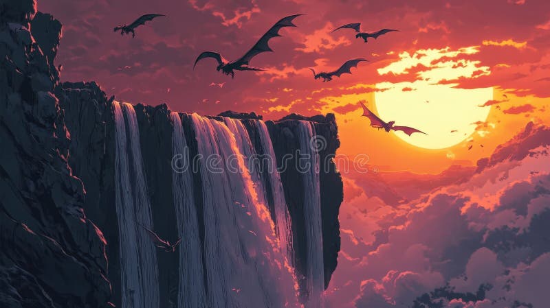 Dragons Soar Above a Waterfall at Sunset Stock Photo - Image of soaring ...