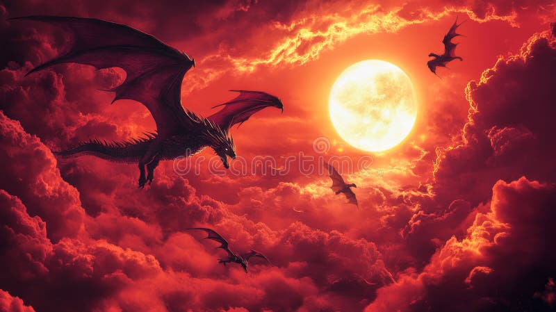 Dragons Soar through a Vibrant Sky during a Magical Eclipse at Dusk ...