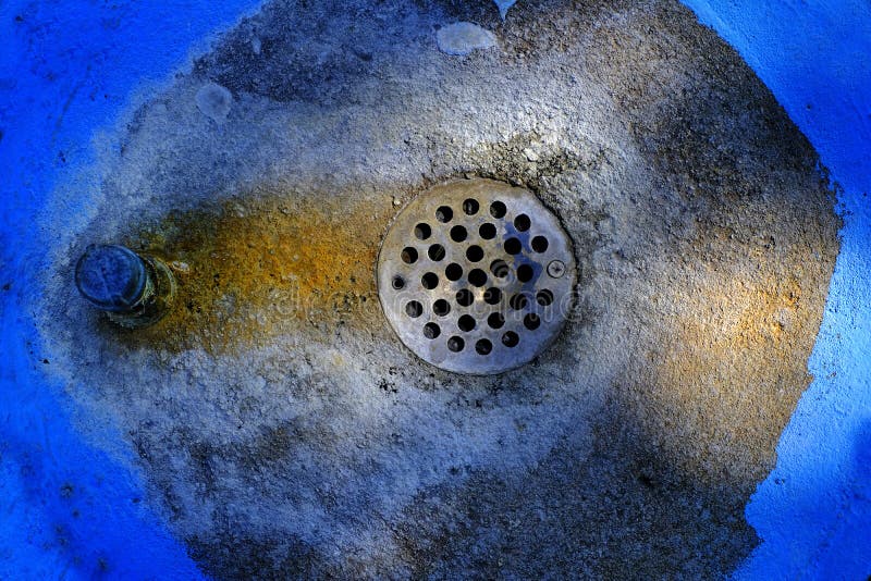 Drain in Circle of Blue with Stains Stock Photo - Image of stainless ...