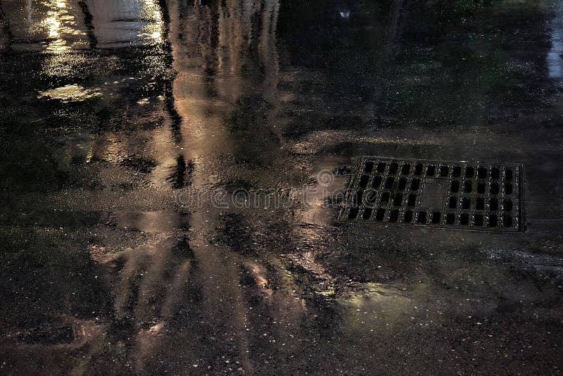 Drain on the Ground in Rainy Night. Stock Photo - Image of drainage ...