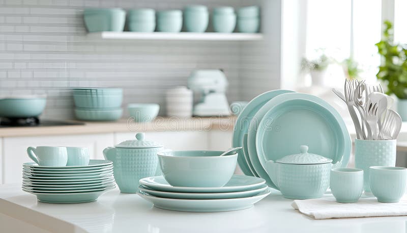 Drainer with Different Clean Dishware on White Table in Kitchen Stock ...