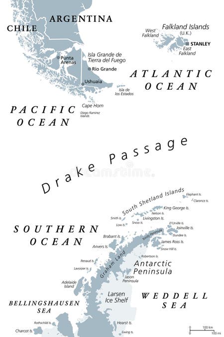 Drake Passage, Mar De Hoces, or Hoces Sea, Gray Political Map Stock ...