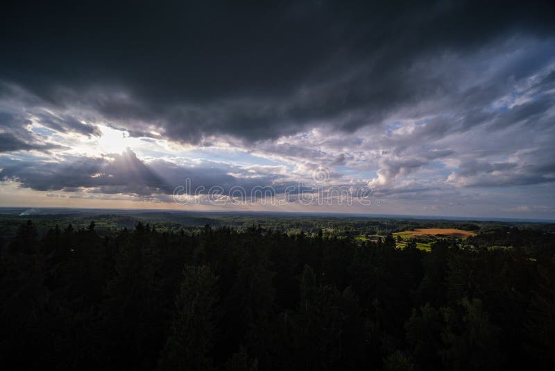 Dramatatic Red Dark Sunset Over the Fields and Cities Stock Photo ...