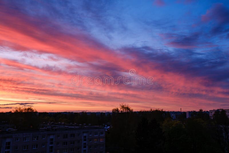 Dramatatic Red Dark Sunset Over the Fields and Cities Stock Image ...