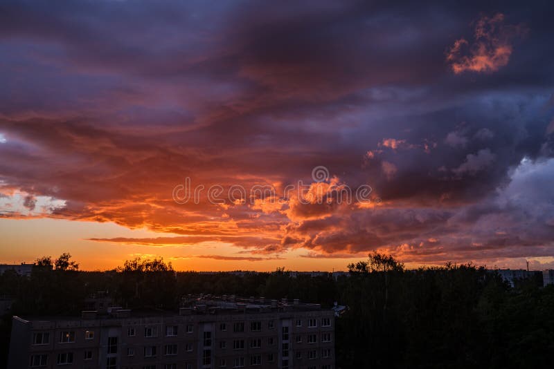 Dramatatic Red Dark Sunset Over the Fields and Cities Stock Photo ...
