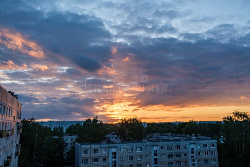 Dramatatic Red Dark Sunset Over the Fields and Cities Stock Photo ...