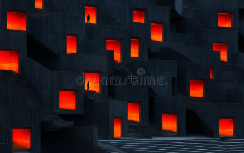 A Dramatic Abstract Black Building with Glowing Orange Windows ...