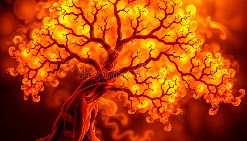 Abstract Fire Tree Silhouette, Fiery Design and Dark Background ...