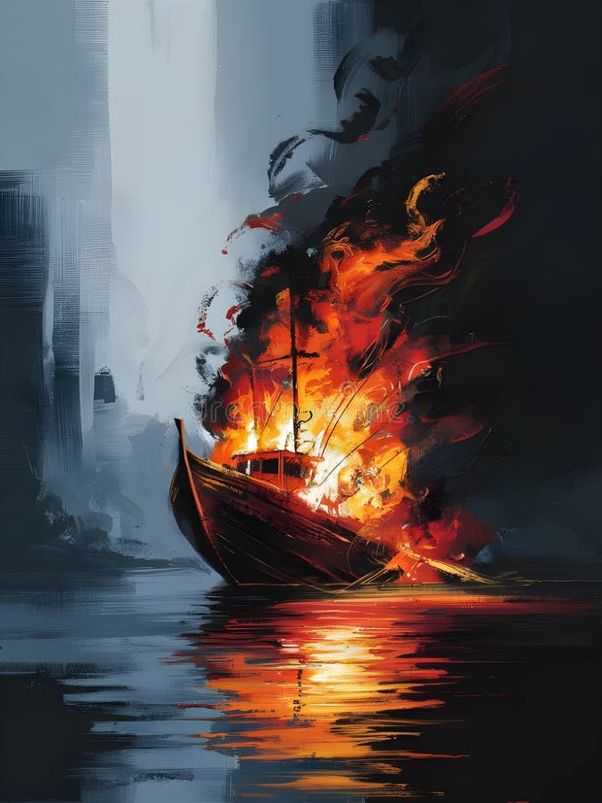 Dramatic Abstract Painting: Boat in Flames Stock Illustration ...