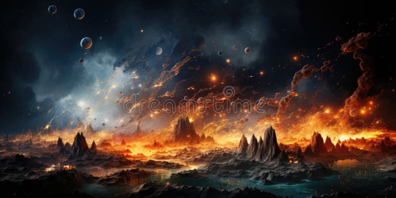 Dramatic Abstract Space Solar Landscape. Planets, Stars, and Moons in a ...