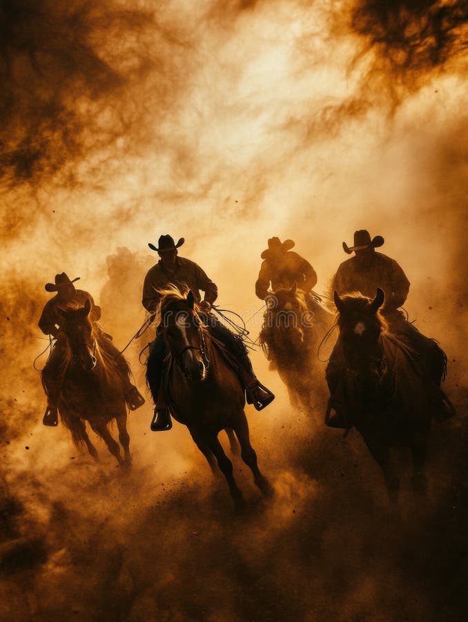 Dramatic Action Shot of Cowboys Herding Cattle in Dust and Cinematic ...