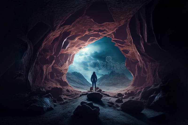 Dramatic Adventurous Scene with Man Standing Inside Mountain Stock ...