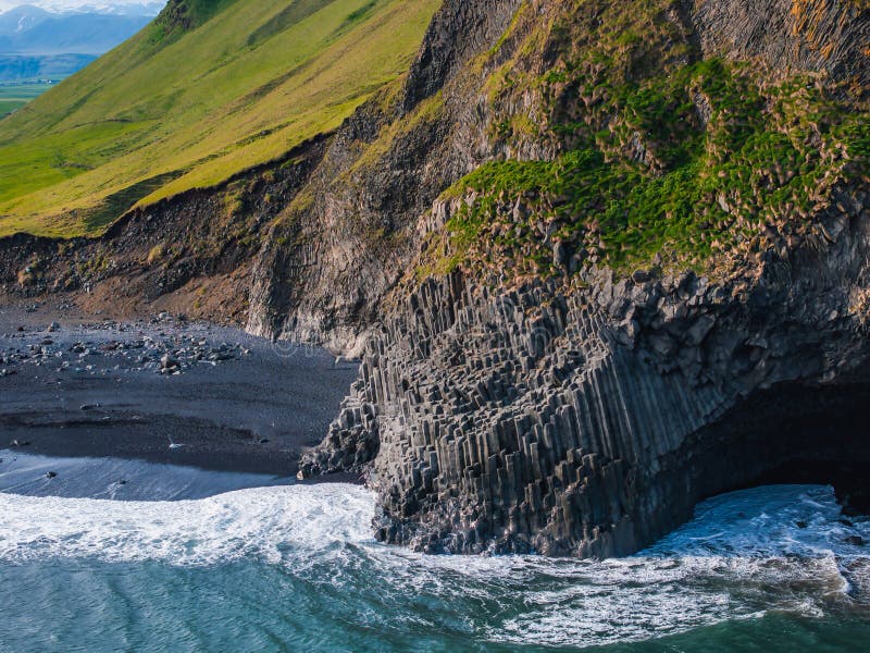 Aerial View of Black Sand Beach with Basalt Columns in Iceland Stock ...
