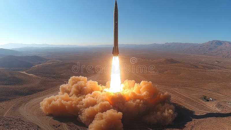 Dramatic Aerial Perspective of a Large Missile Launch in Desert Terrain ...