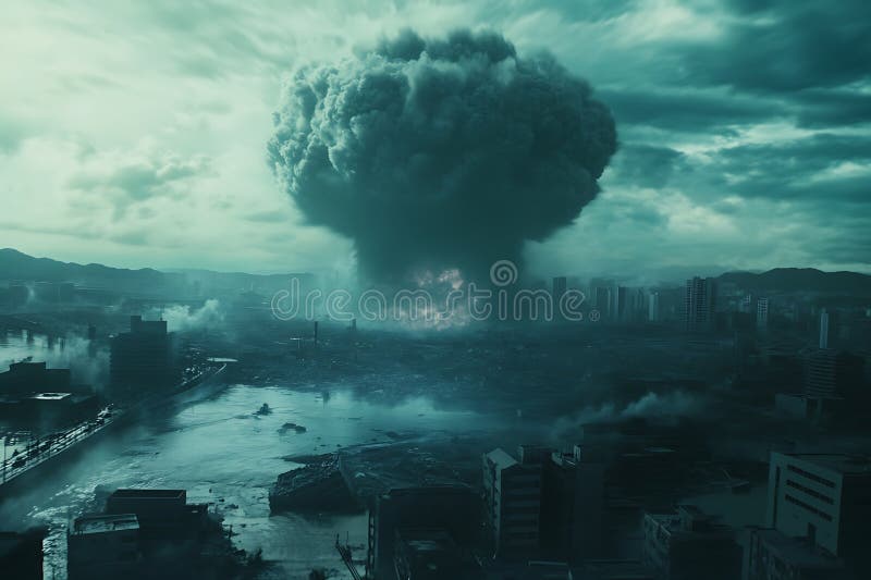 Apocalyptic Cityscape Nuclear Explosion Aftermath, Devastation, Dark Teal Tone Stock ...