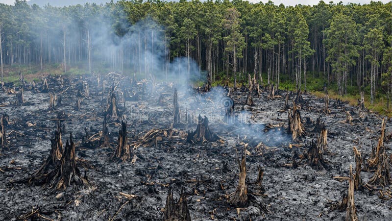 Dramatic Aerial View of Deforested Rainforest with Billowing Dark Smoke ...
