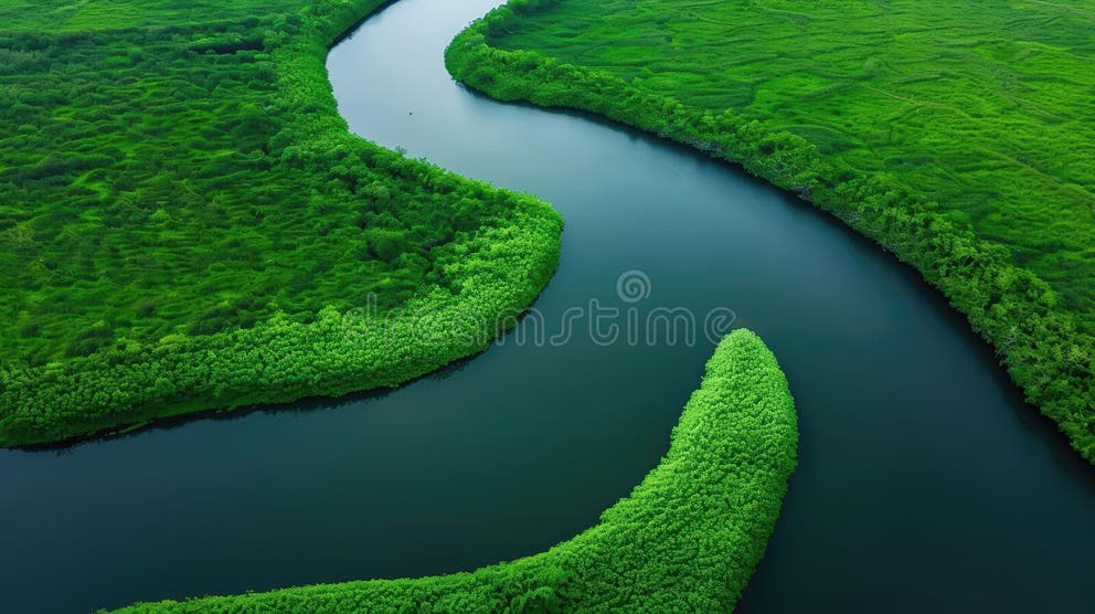 Dramatic Aerial View of Meandering River Delta Stock Illustration ...
