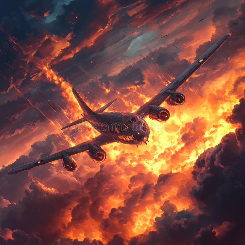 Dramatic Aerial View of Plane Navigating Fiery Sky during Sunset Stock ...