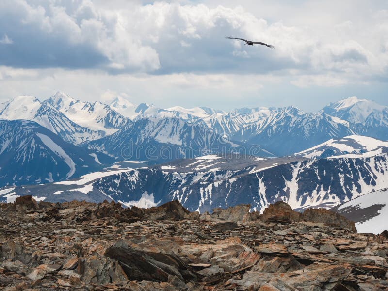 Dramatic Aerial View To Large Snow Mountain Range Under Changeable ...