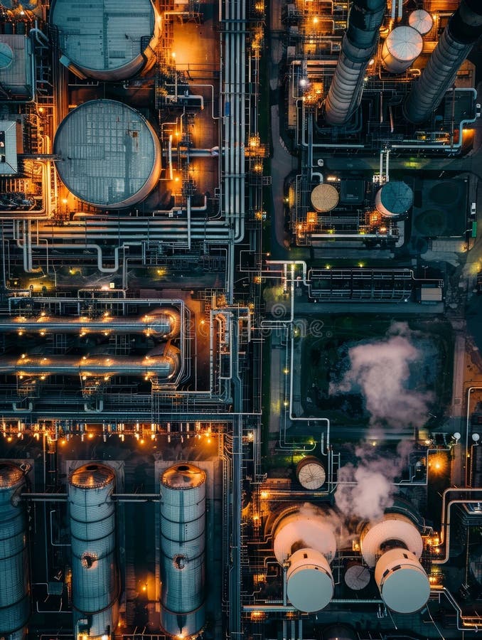 Night View Industrial Complex Illuminated Structures Smokestacks Stock ...