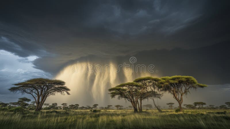 Dramatic African Savanna Storm Cloudscape Rainfall Trees Lightning Sky ...