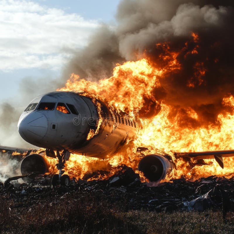 Dramatic Airplane Crash Explosion Intense Fire Thick Smoke Stock Photos ...