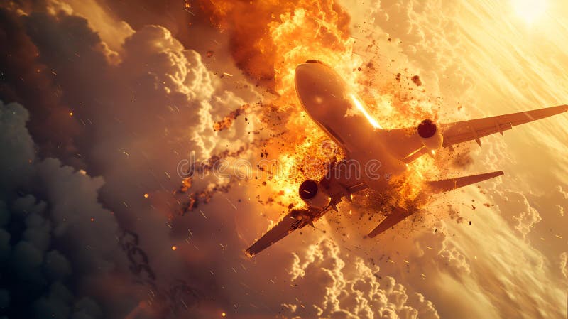 Dramatic Airplane Exploding Mid-air, Fiery Sky Disaster Scene, Crisis ...
