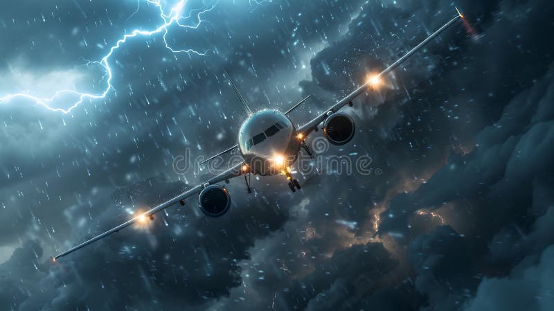 Dramatic Airplane Flying through a Thunderstorm, Lightning Illuminates ...