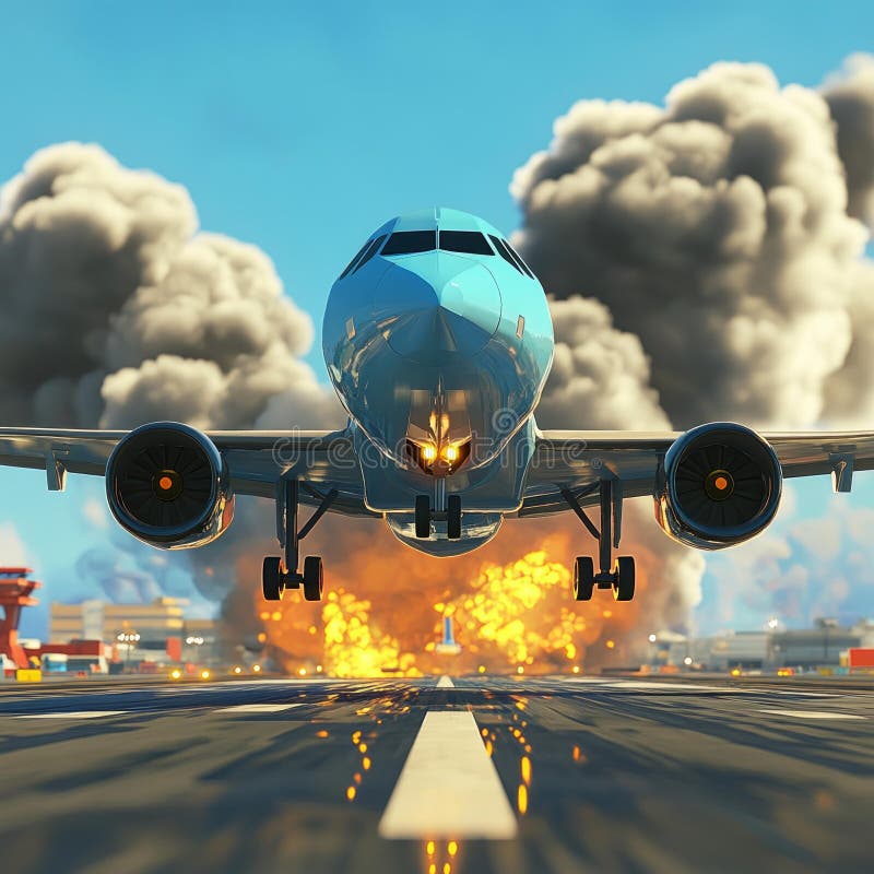 Dramatic Airplane Landing with Explosive Background at Airport Runway ...