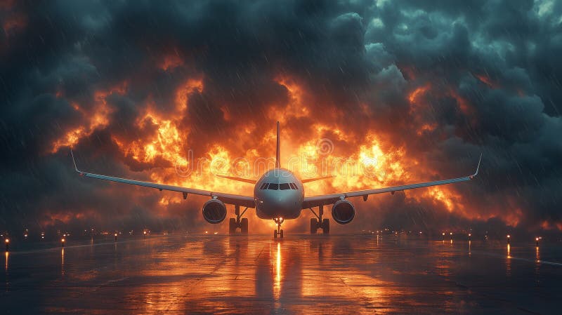 Dramatic Airplane on Runway during Storm, Surrounded by Dark Clouds and ...