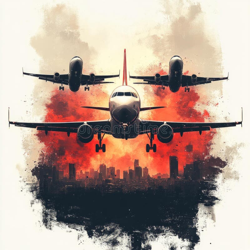 Dramatic Airplanes in Flight Over Fiery Urban Skyline Stock Photo ...