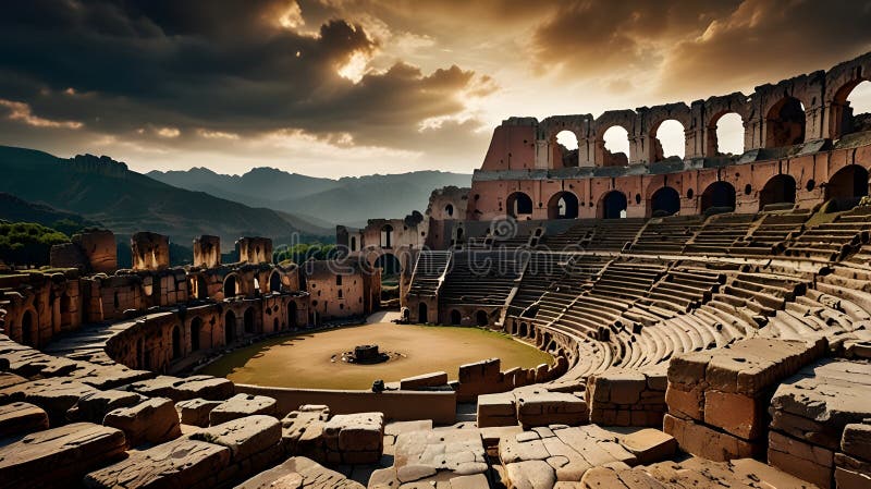 A Dramatic Ancient Amphitheater Surrounded by Ruins Stock Illustration ...