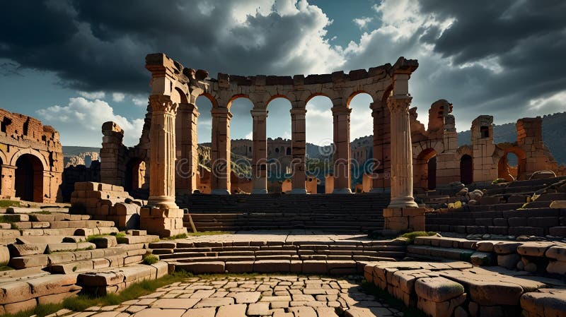A Dramatic Ancient Amphitheater Surrounded by Ruins Stock Illustration ...