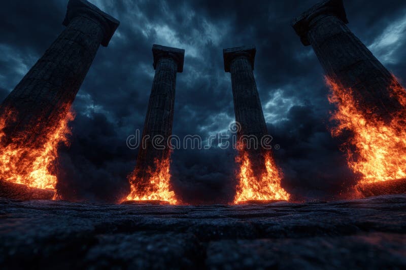 Dramatic Ancient Ruins on Fire in Stormy Night Sky Stock Illustration ...